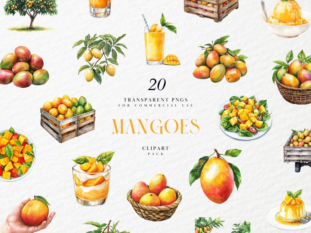 Watercolor Mangoes Clipart, Orange Sweet Mango, Tropical Fruit, Juice ...