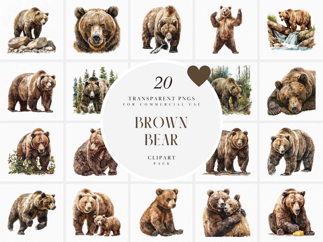 Watercolor Brown Bear Clipart, Forest Brown Bears Clipart, Realistic ...
