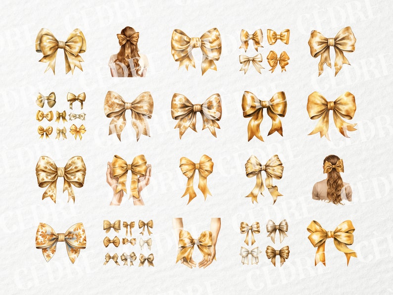 Watercolor Gold Bow Clipart, Golden Hair Bows Clipart, Gold Ribbon ...