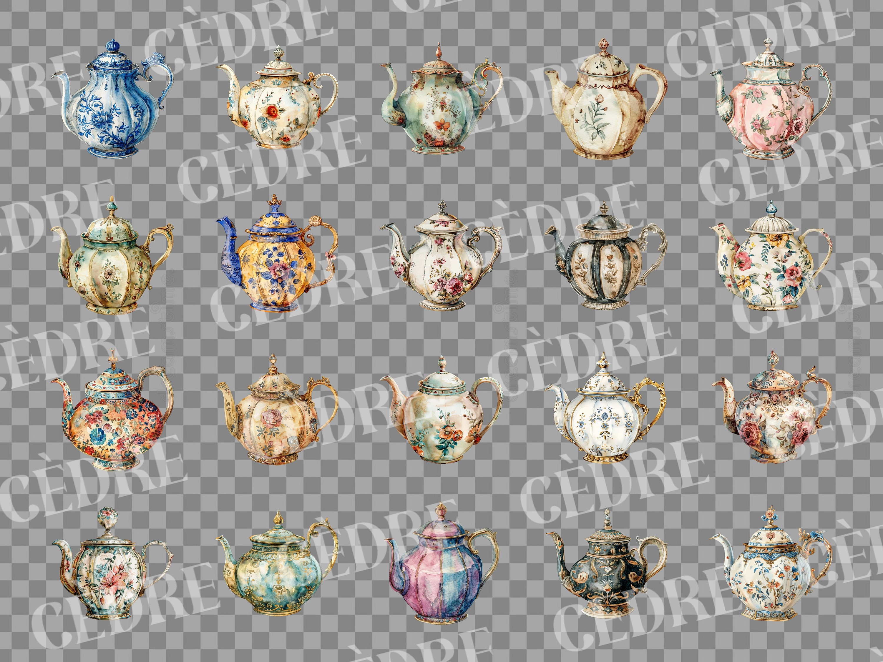 Watercolor Victorian Teapot Clipart, Victorian Teapots Clipart, Antique ...