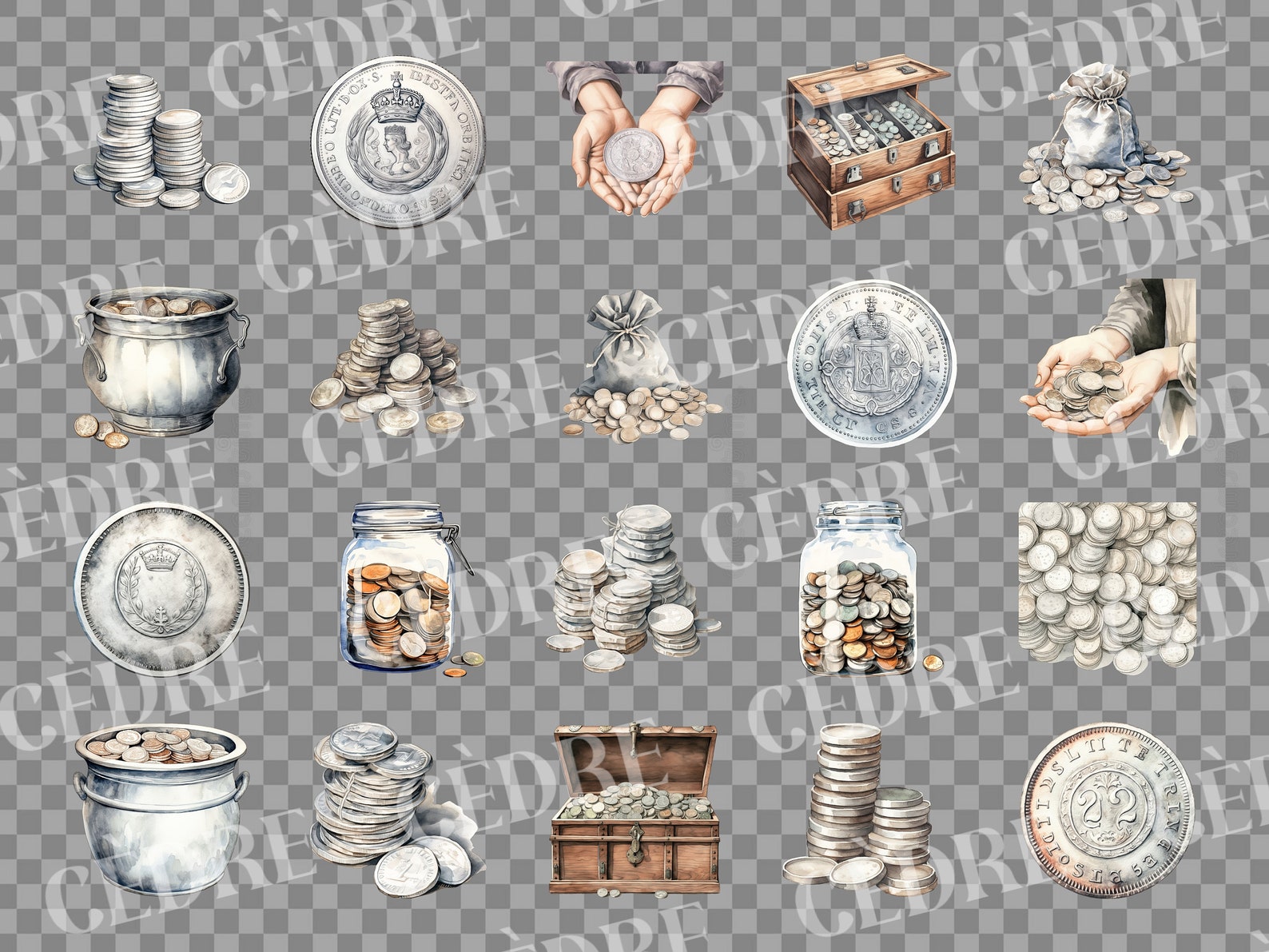 Watercolor Silver Coins Clipart, Lucky Coin Clipart, Cash Currency ...