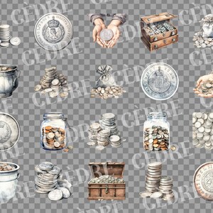 Watercolor Silver Coins Clipart, Lucky Coin Clipart, Cash Currency ...