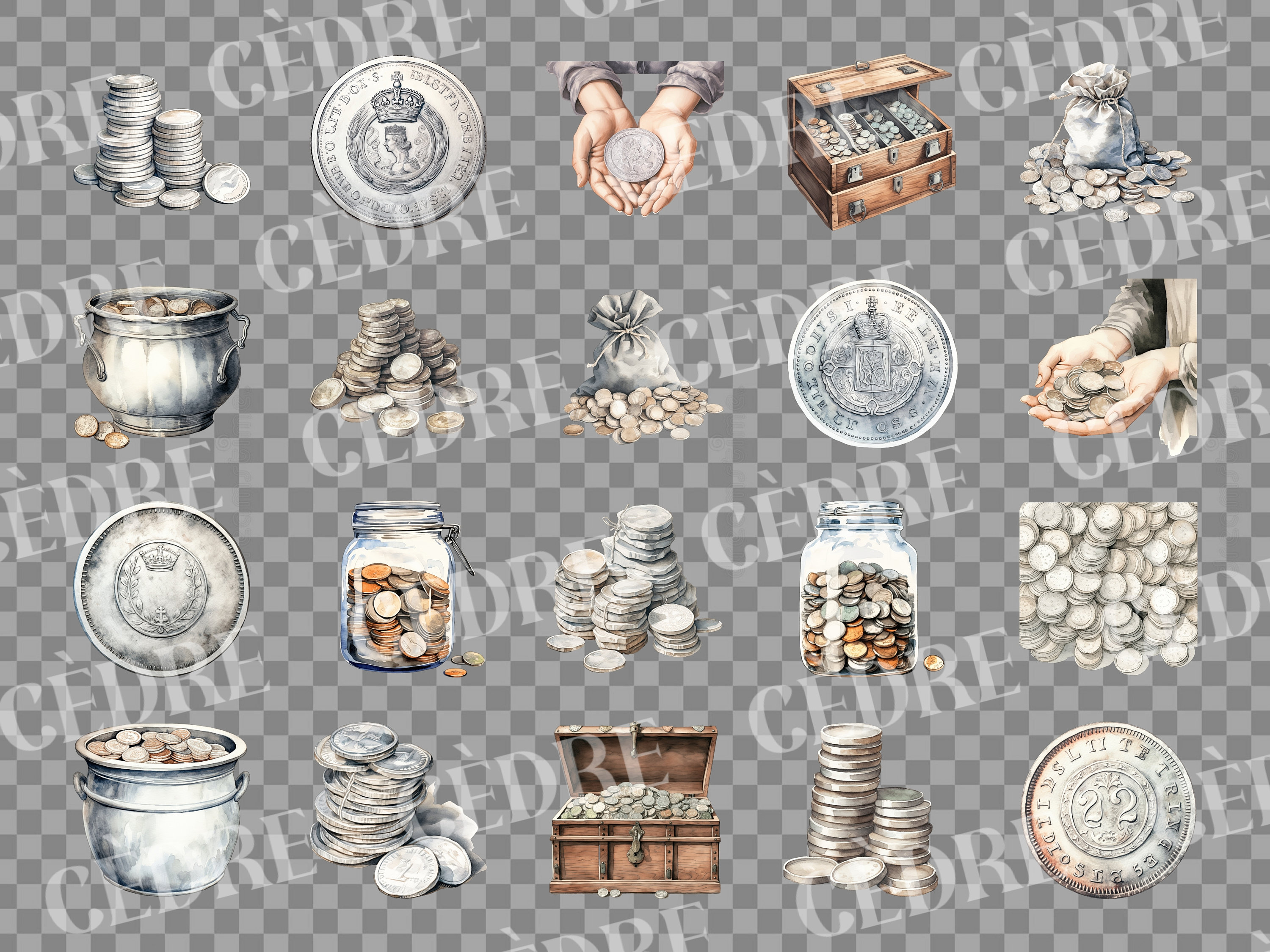 Watercolor Silver Coins Clipart, Lucky Coin Clipart, Cash Currency ...