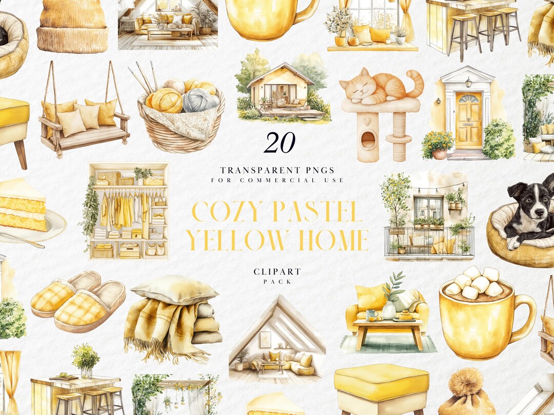 Watercolor Pastel Yellow Home Interior Clipart, Boho Decor Set, Room ...