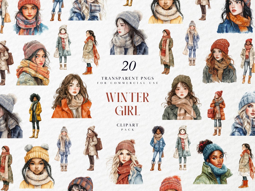Watercolor Winter Girl Clipart, Cozy Fashion Look, Snowy Season Style ...