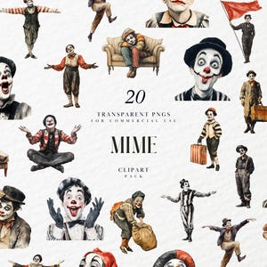 Watercolor Mime Clipart, Black and White Mime Artist, Clown ...