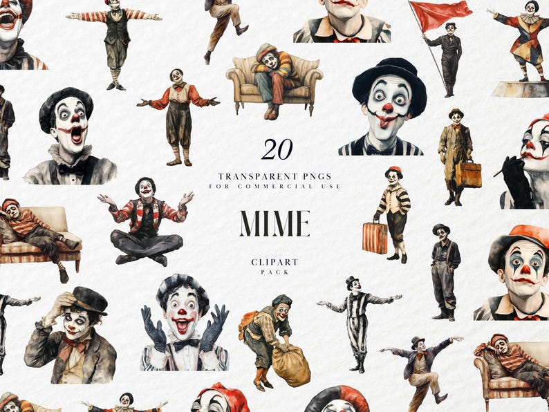 Watercolor Mime Clipart, Black and White Mime Artist, Clown ...