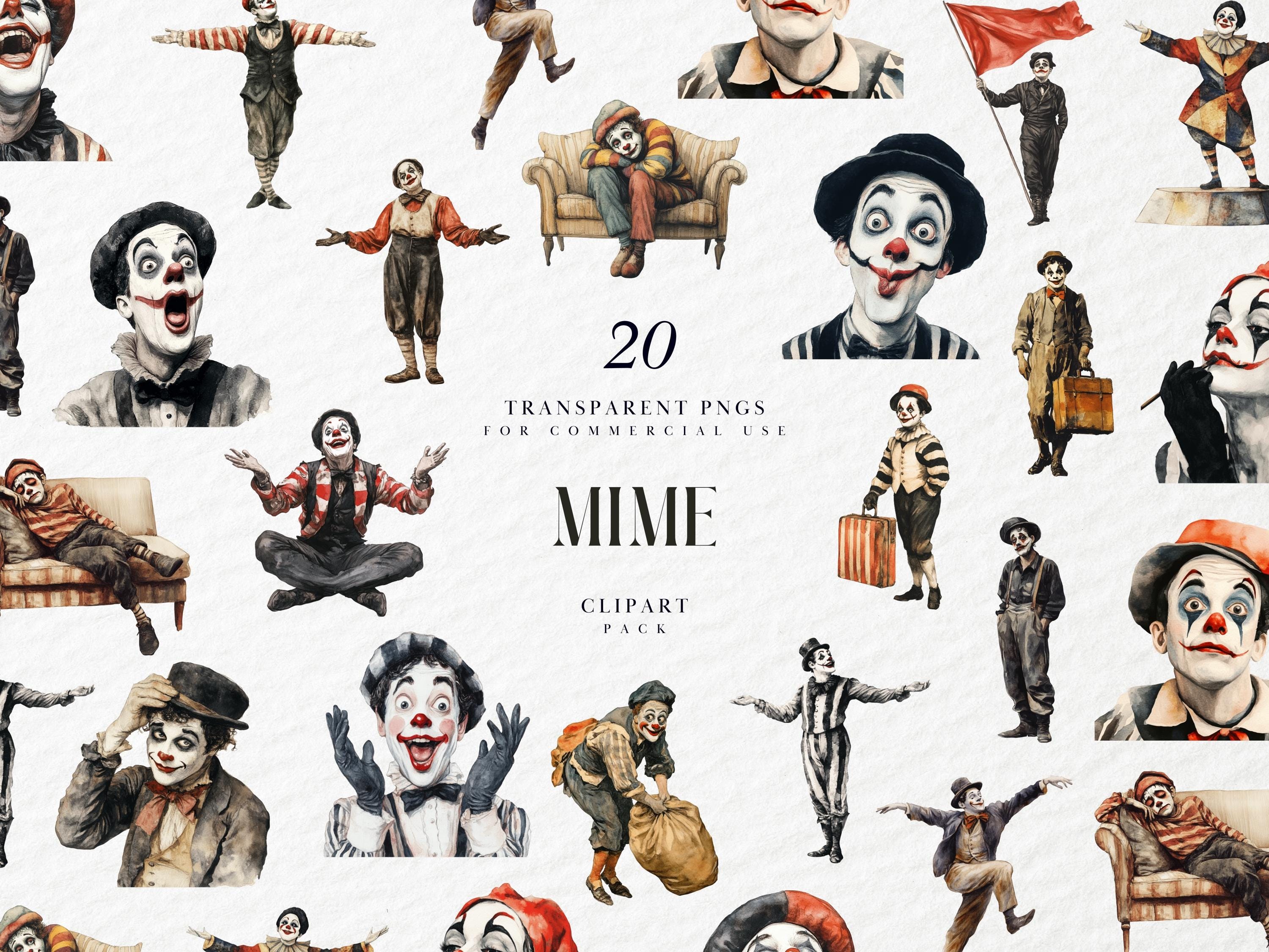 Watercolor Mime Clipart, Black and White Mime Artist, Clown ...
