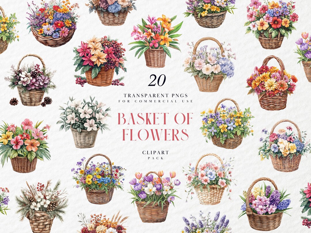 Watercolor Flower Basket Clipart, Floral Assorted Basket of Flowers ...
