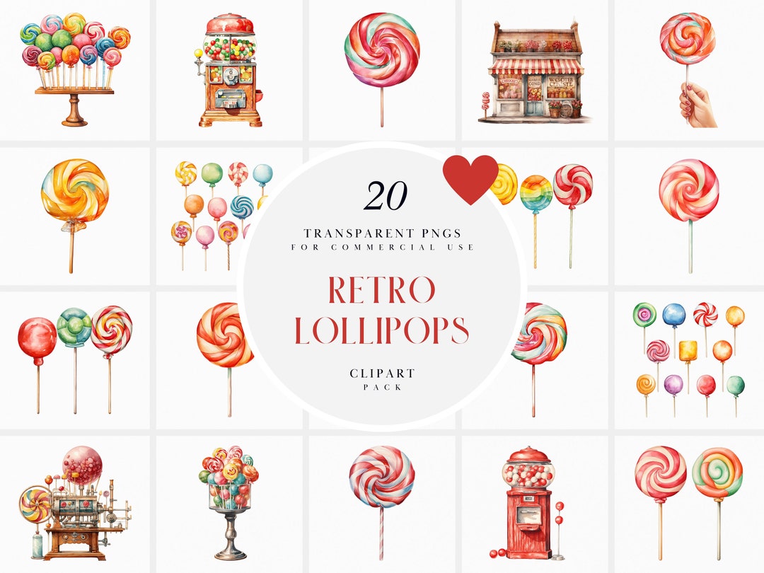 Watercolor Retro Lollipops Clipart, Vintage Candy Lollipop Clipart ...