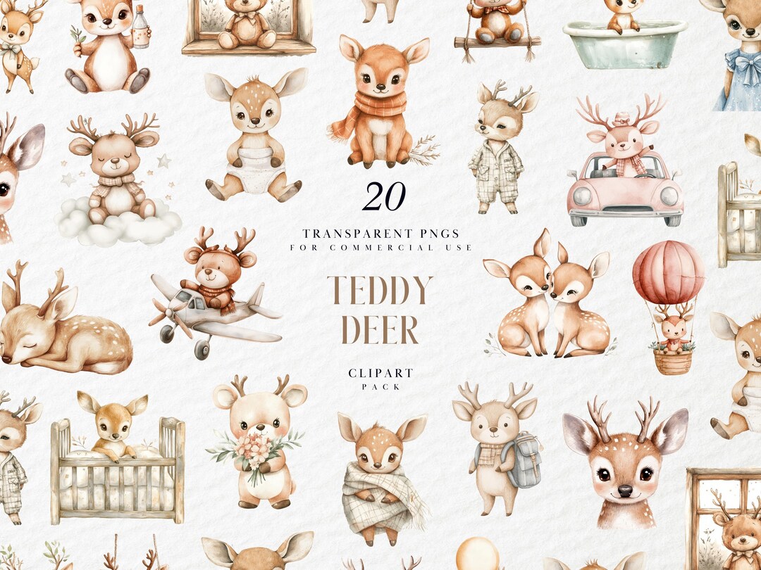 Watercolor Teddy Deer Clipart, Adorable Baby Deer, Stuffed Animal, Cute ...