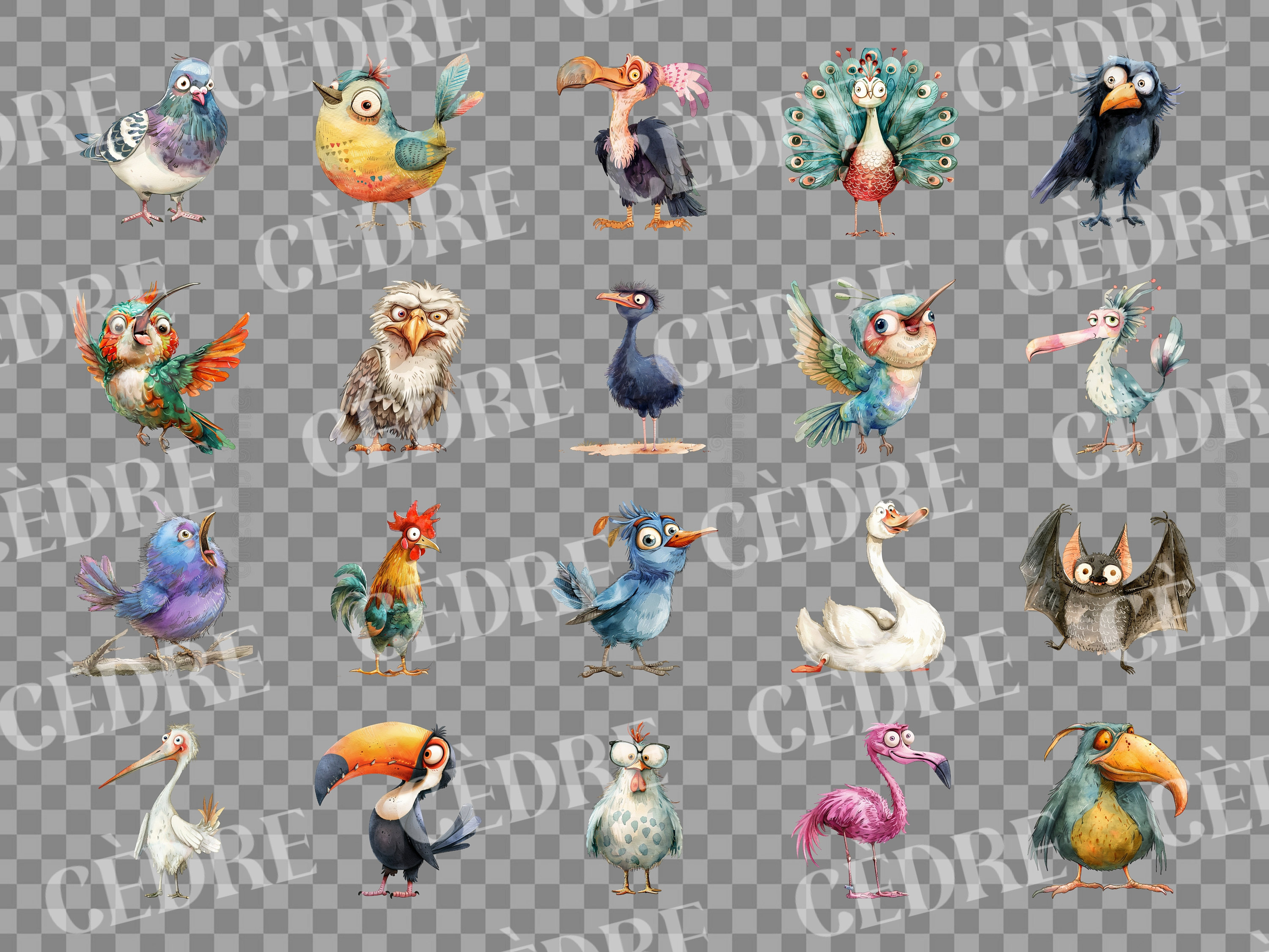 Watercolor Quirky Bird Clipart, Cute Funny Birds Clipart, Whimsical ...