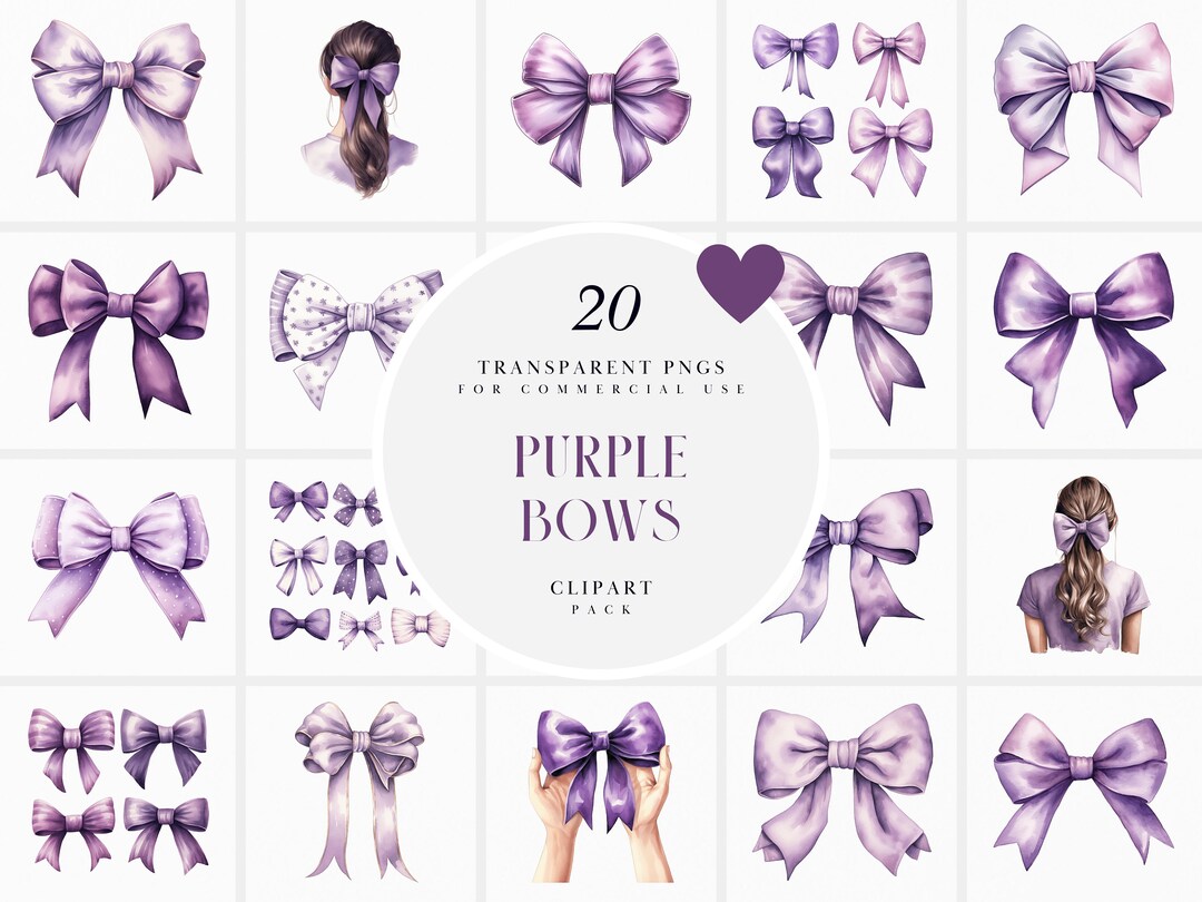 Watercolor Purple Bow Clipart, Hair Bows Clipart, Purple Ribbon Clipart ...