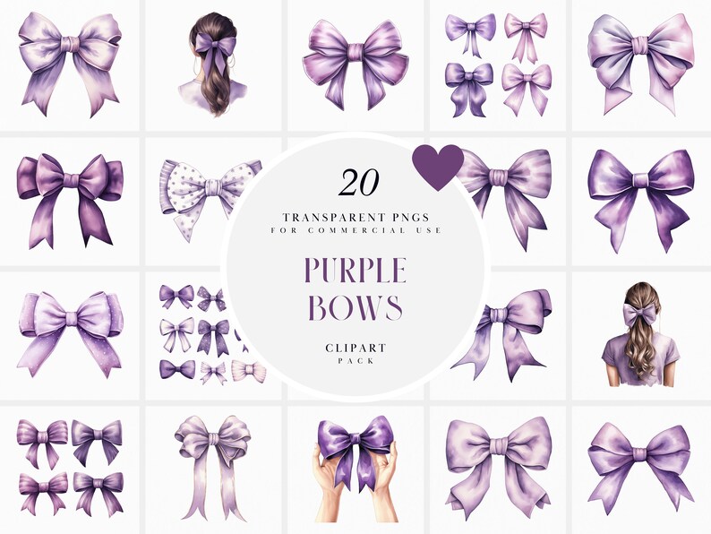 Watercolor Purple Bow Clipart, Hair Bows Clipart, Purple Ribbon Clipart ...