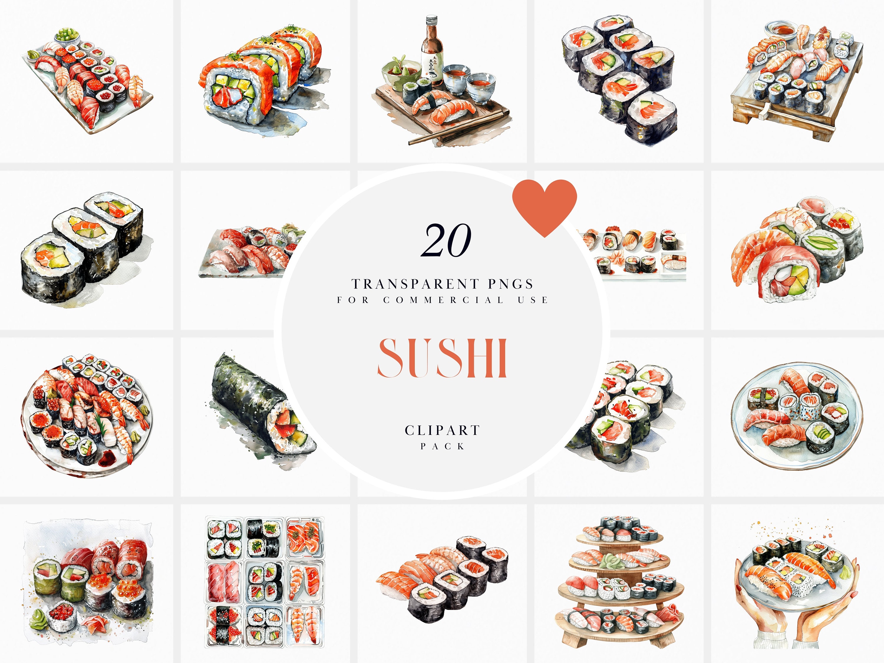 Watercolor Sushi Clipart, Sushi Platter Clipart, Assorted Sea Food ...