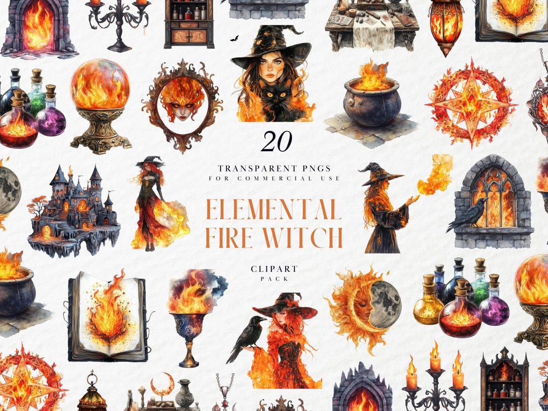 Watercolor Elemental Fire Witch Clipart, Spellcaster, Ember Runes ...