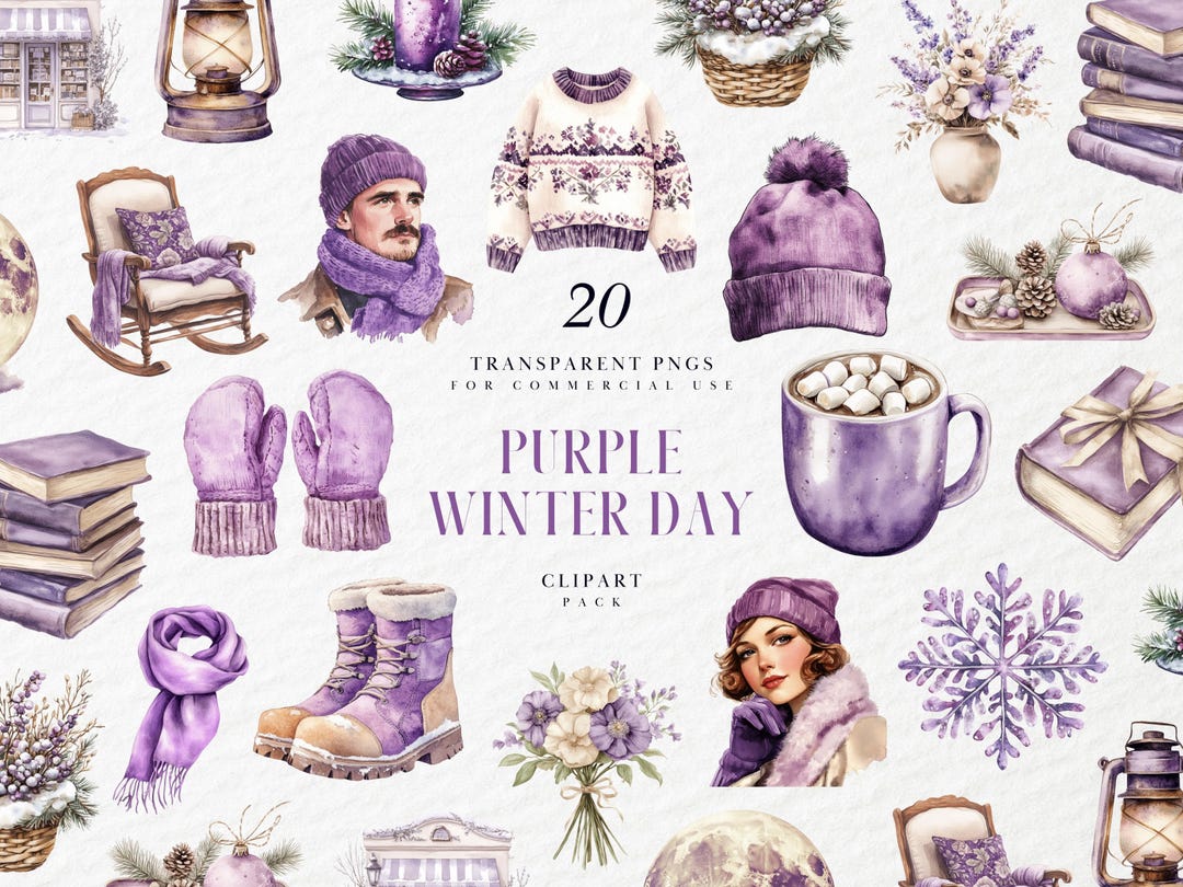 Watercolor Purple Winter Day Clipart, Cozy Snowy Scene, Lavender ...