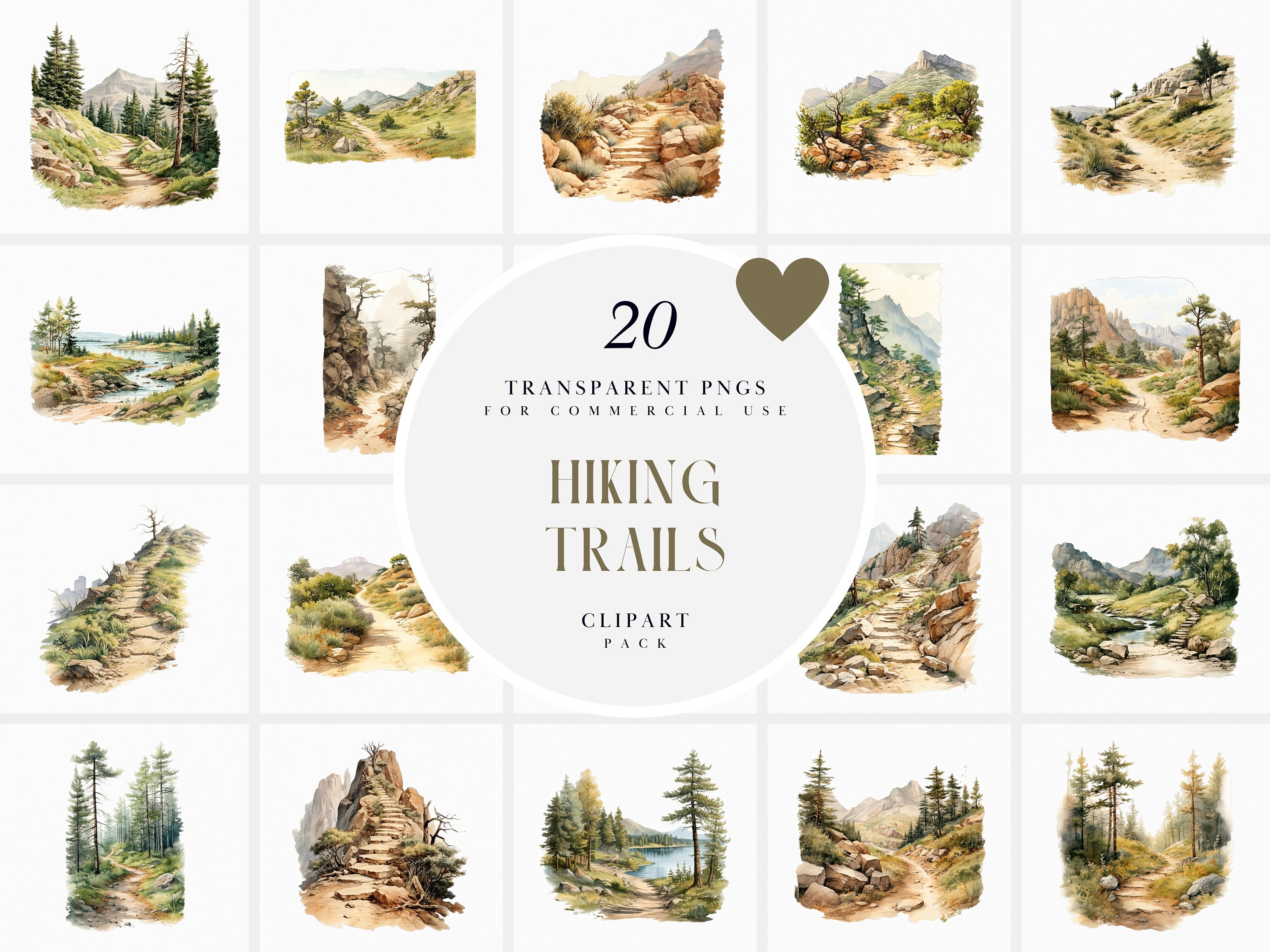 Watercolor Hiking Trail Clipart, Mountain Walking Tail Clipart, Hill ...