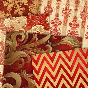 Red and Gold Digital Patterns, Golden Patterned Digital Papers, Digital ...