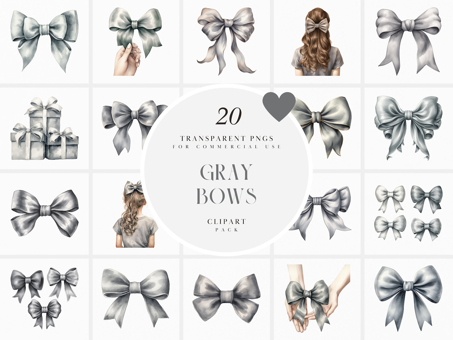 Watercolor Gray Bow Clipart, Gray Bows Clipart, Grey Ribbon Clipart ...