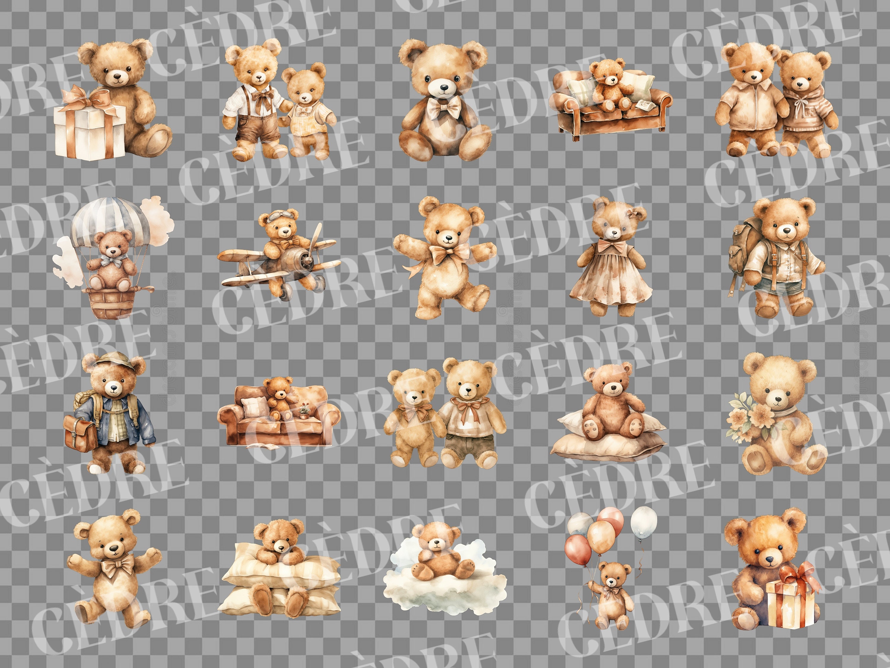 Watercolor Brown Teddy Bears Clipart, Brown Nursery Teddy Bear Clipart ...