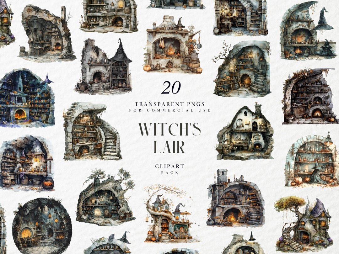 Watercolor Witch's Lair Clipart, Halloween Elements, Fantasy Gothic ...