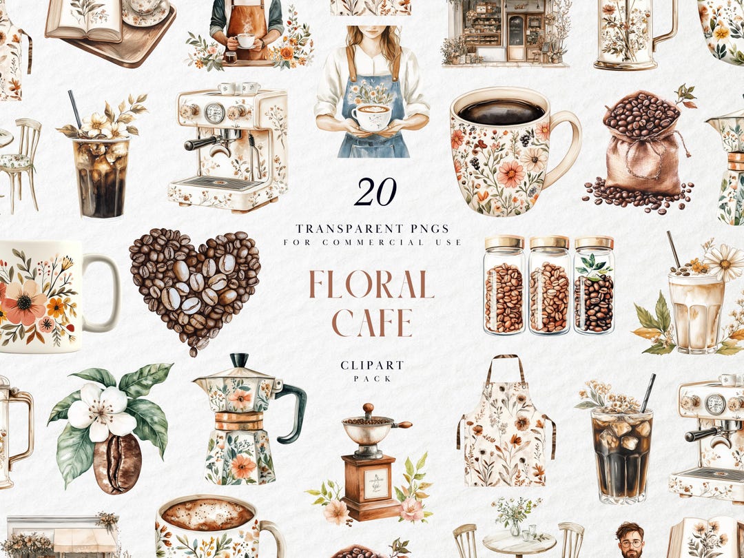 Watercolor Floral Cafe Clipart, Cozy Boho Coffee Scene, Feminine ...