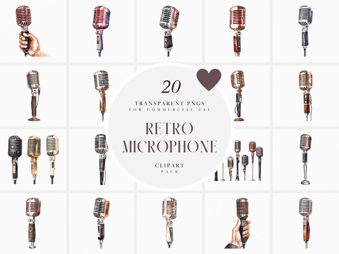Watercolor Retro Microphone Clipart, Vintage, Audio, Radio, Music ...