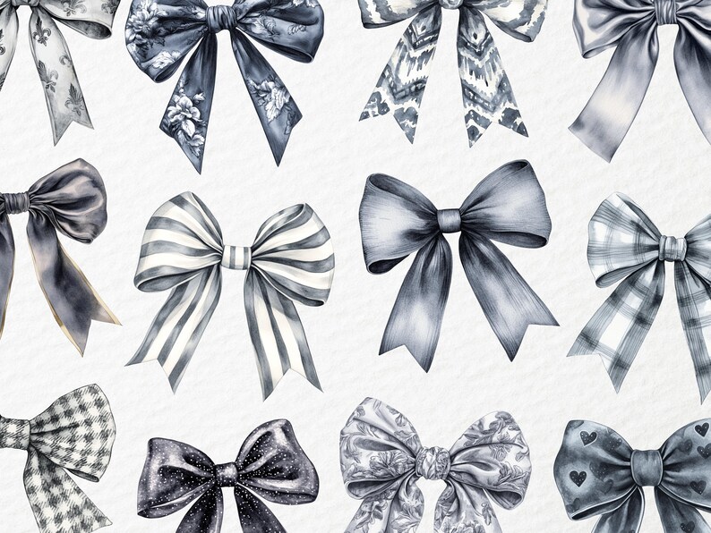Watercolor Gray Bow Clipart, Gray Bows Clipart, Grey Ribbon Clipart ...