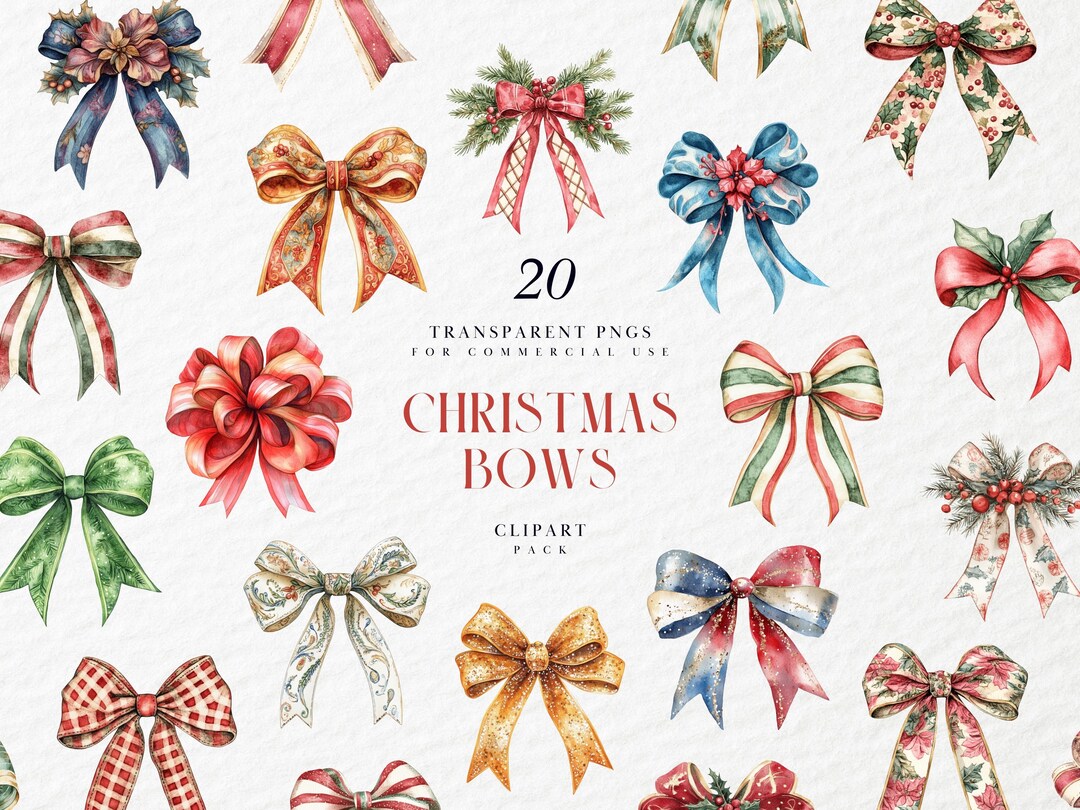 Watercolor Christmas Bows Clipart, Bow With Ribbon, Xmas, Gift Wrapping ...