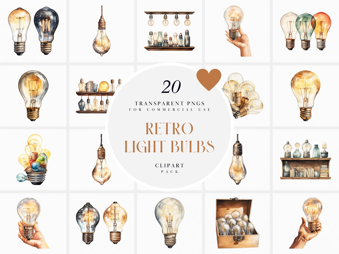 Watercolor Retro Light Bulb Clipart, Retro Light Bulbs Clipart, Vintage ...