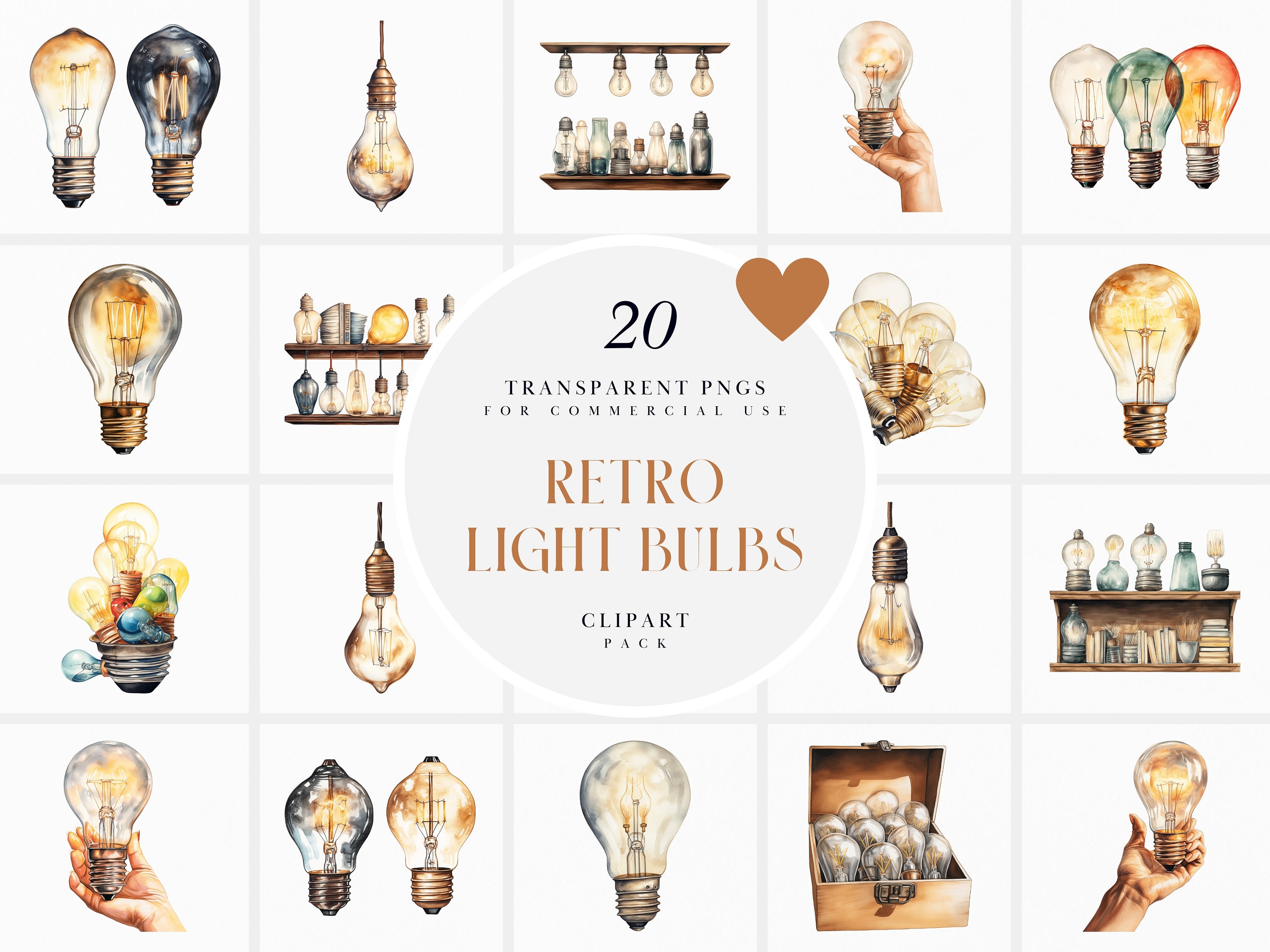Watercolor Retro Light Bulb Clipart, Retro Light Bulbs Clipart, Vintage ...