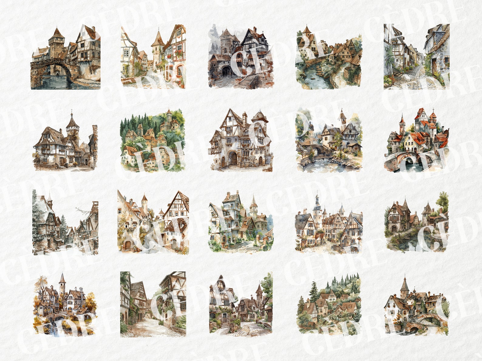 Watercolor Medieval Town Clipart, European Towns Clipart, Middle Ages ...
