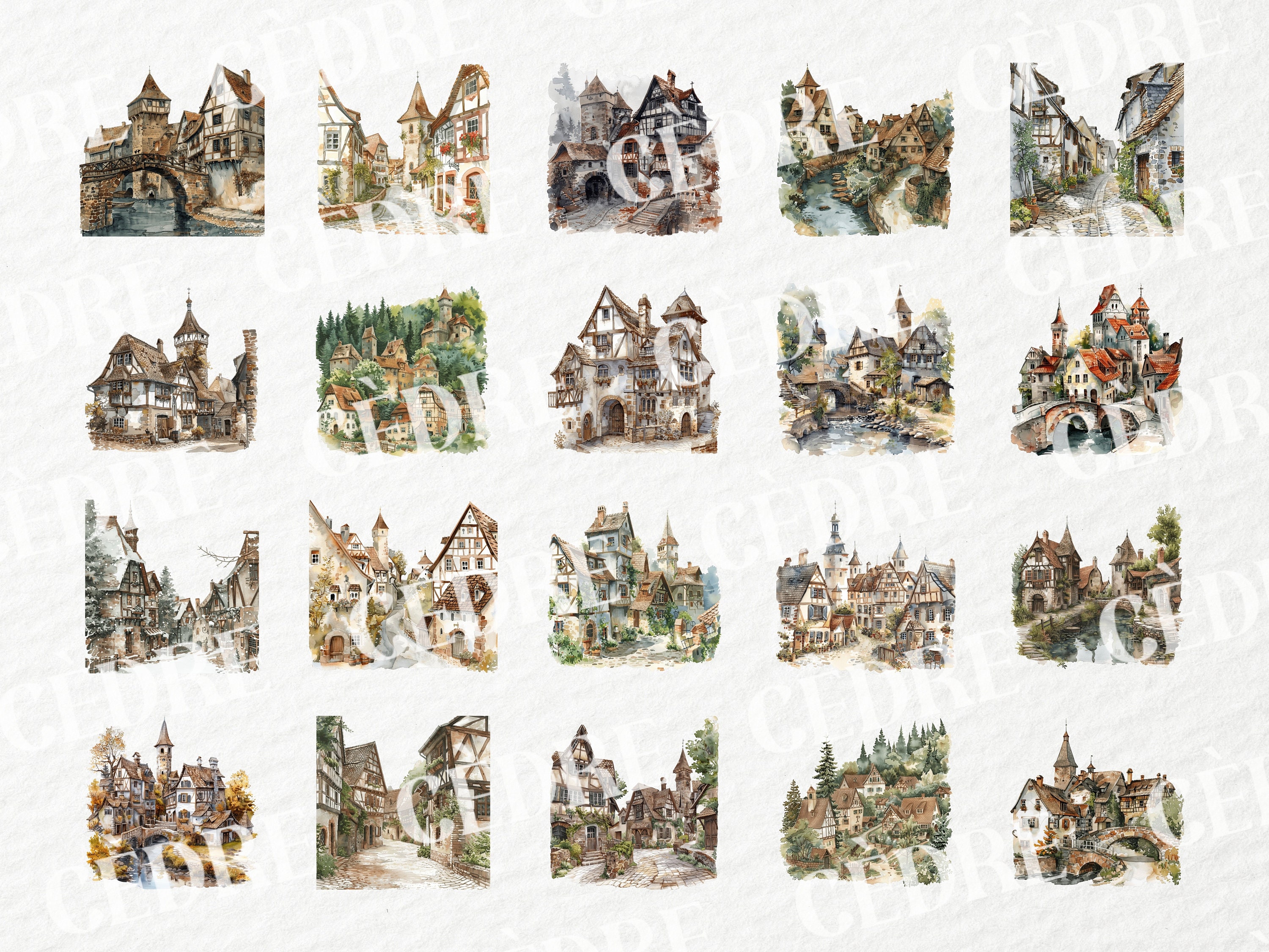 Watercolor Medieval Town Clipart, European Towns Clipart, Middle Ages ...