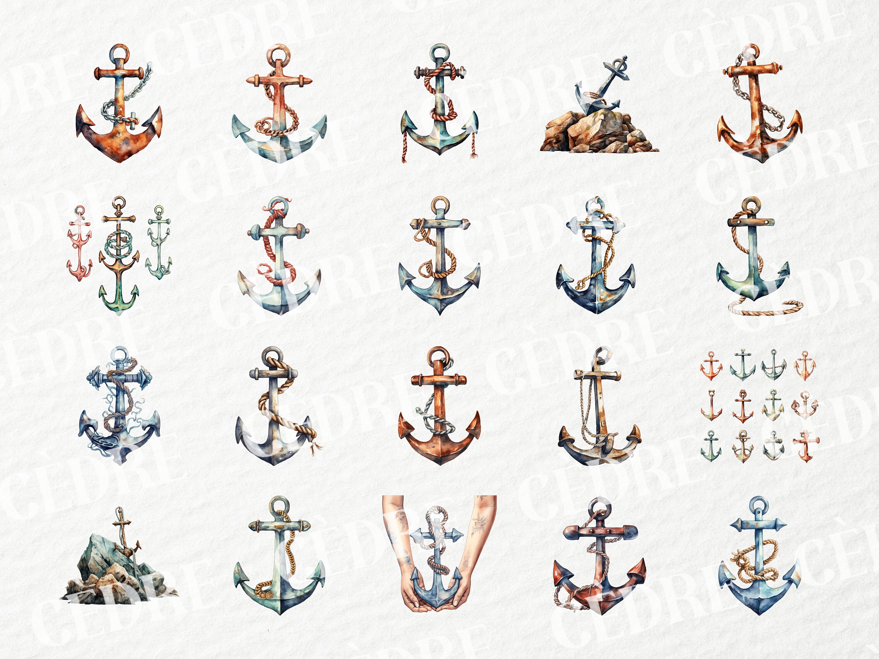 Watercolor Nautical Rustic Anchor Clipart, Maritime Rustic Anchors ...