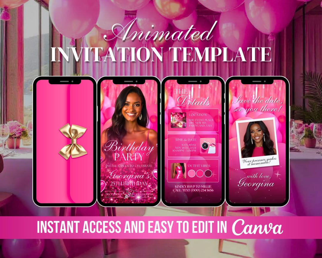 Hot Pink Birthday Party Invitation, Pink Gold Animated Invitation ...