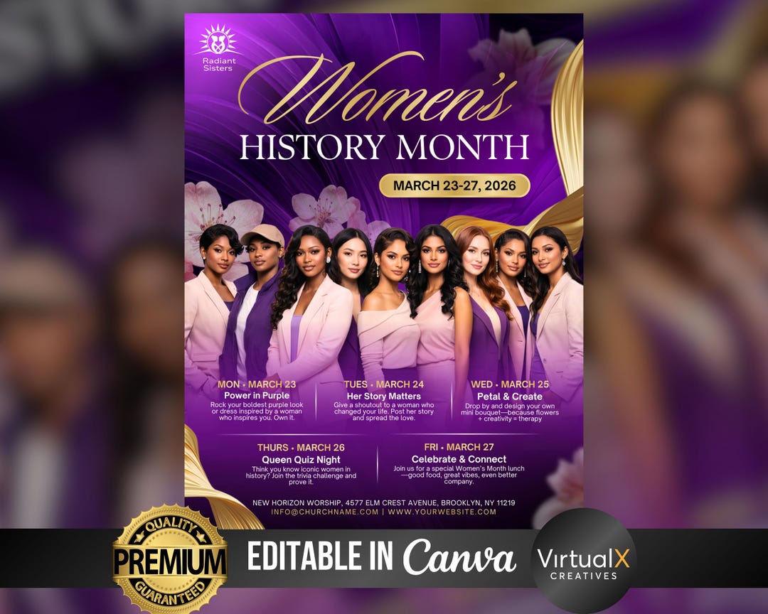Women’s History Month Flyer, Floral Purple Gold Church Event, Women ...