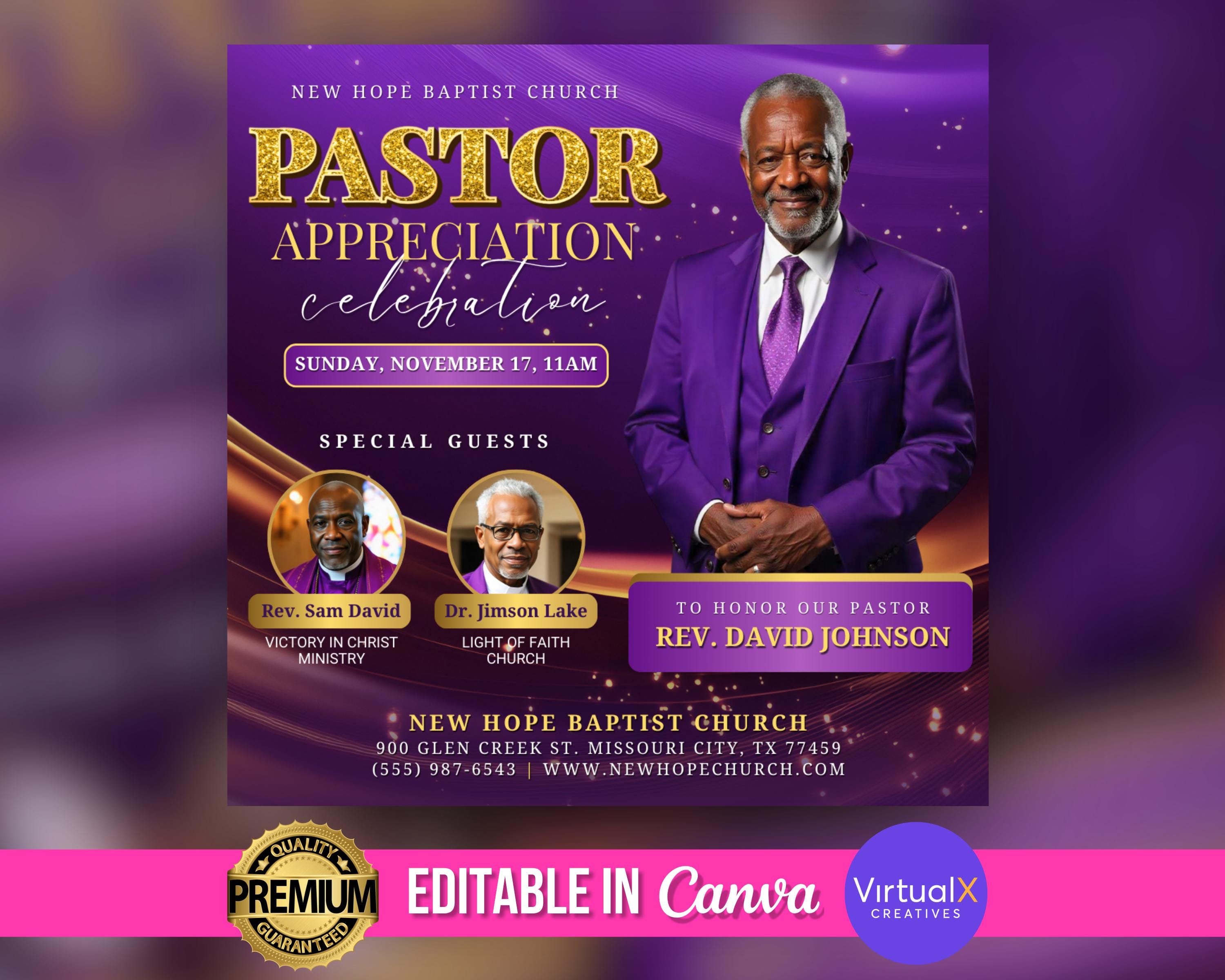 Pastor Appreciation Program Template, Pastor Anniversary, Purple Gold ...
