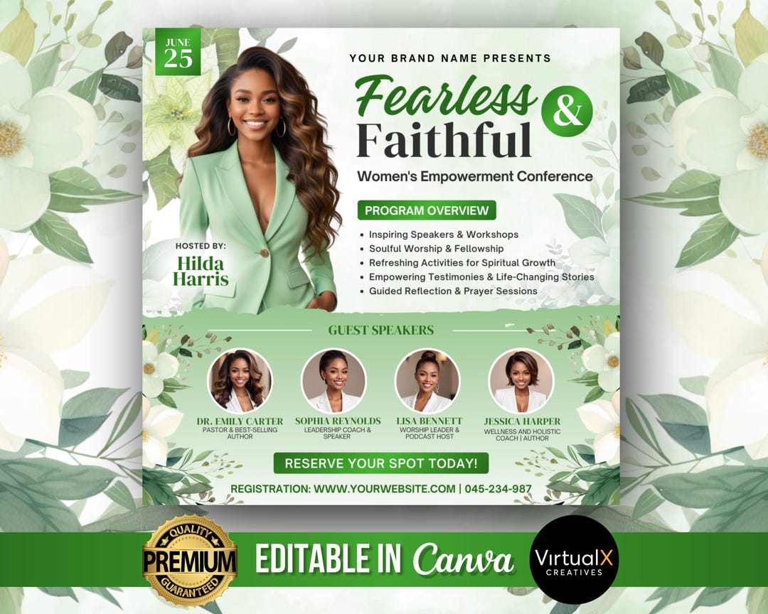 Women's Meeting Conference Flyer, Guest Speaker, Green Floral Event ...