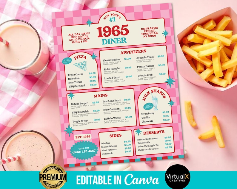 1950s Retro Diner Menu, Food Truck Template, Editable Classic Ice Cream ...