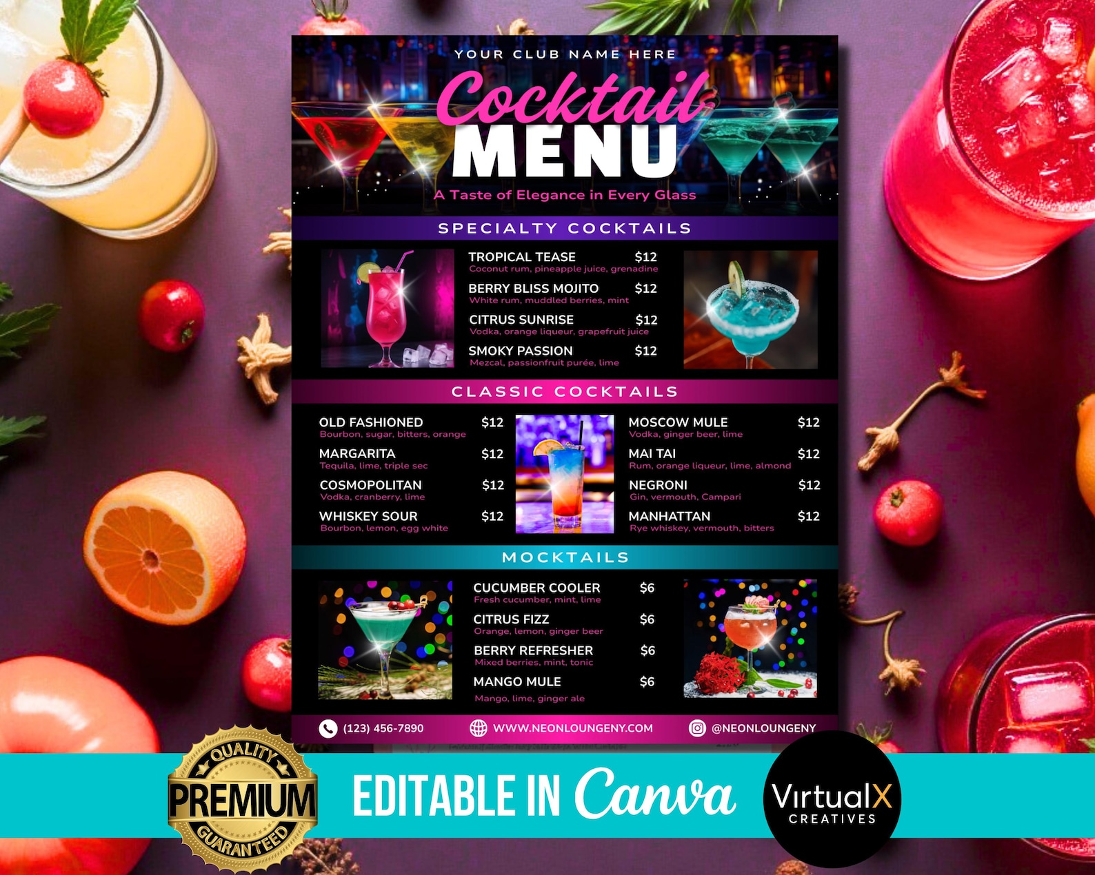 Cocktail Menu Flyer, Editable Pink Menu Flyer, Bartender Flyer, Happy ...
