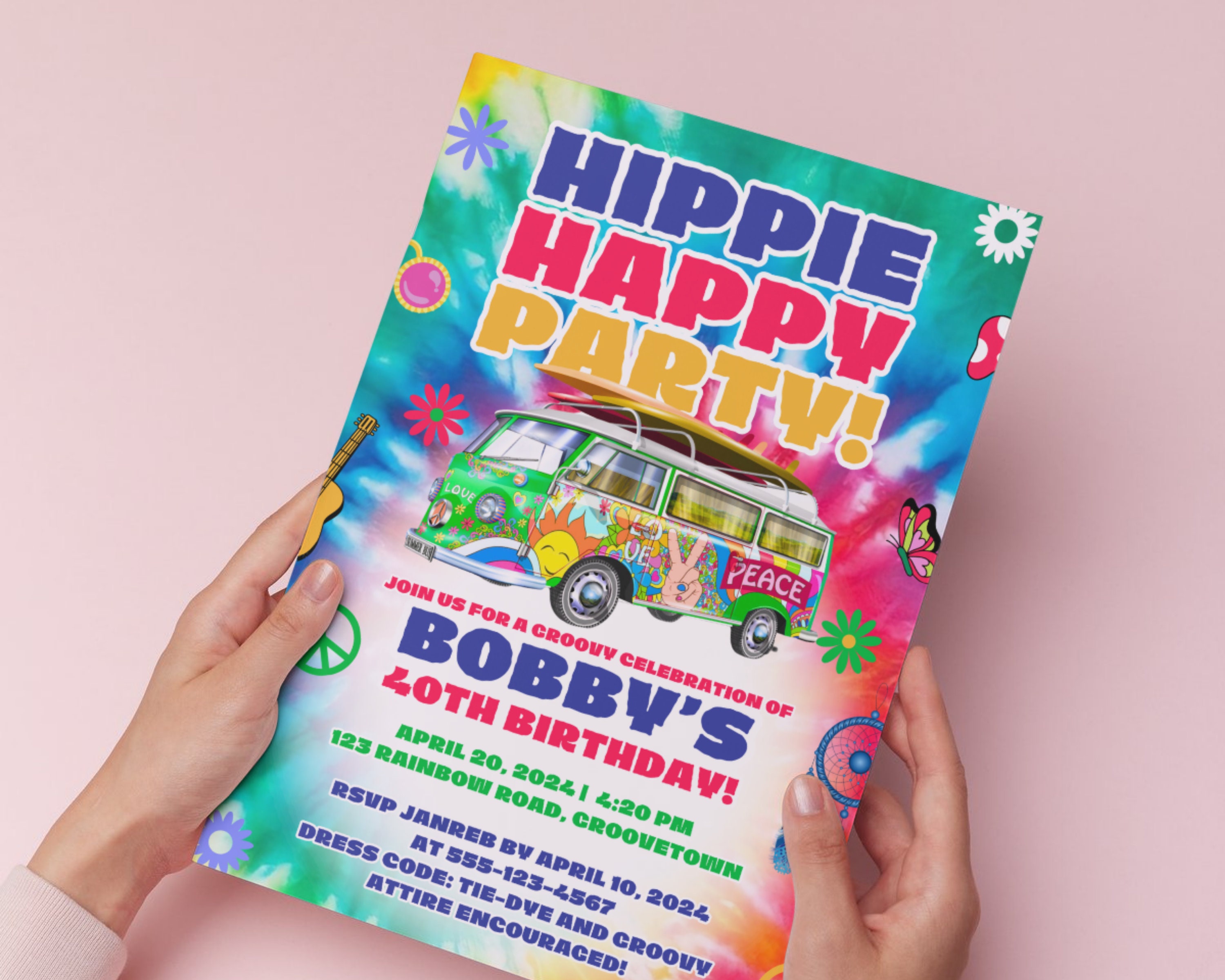 60s 70s Groovy Hippie Peace & Love Birthday Invitation, 40th 50th ...