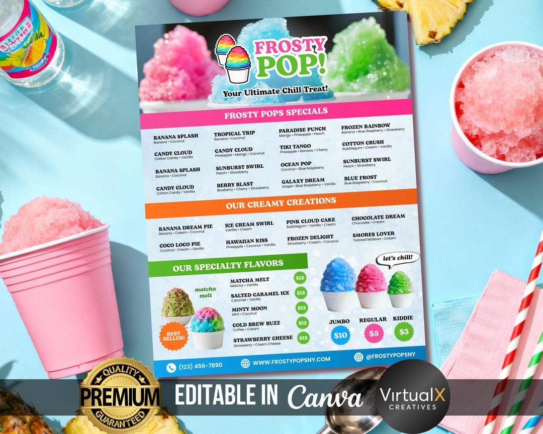 Snow Cone Menu Flyer, Editable Shaved Ice Template, Ice Cream Pricelist ...