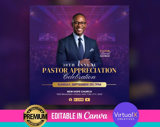 Canva Template Pastor Appreciation Program Template, Purple & Silver ...
