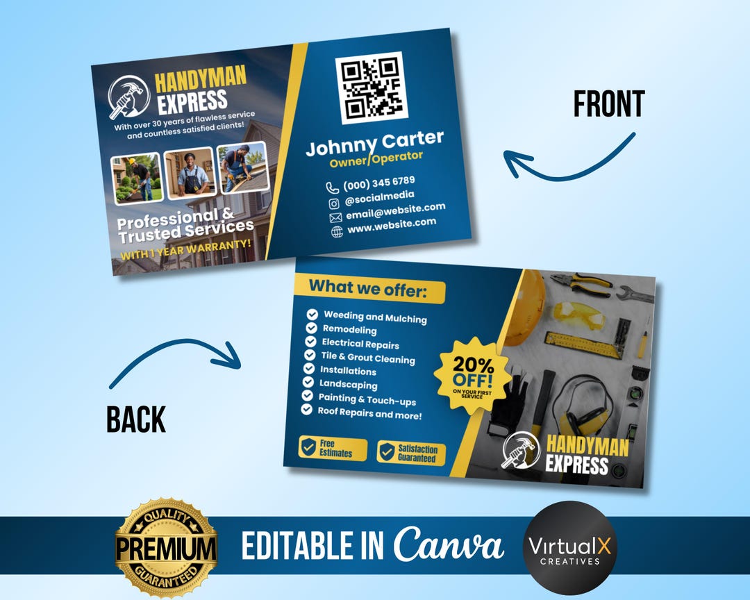 Handyman Business Cards, Personal Contact Info Card, Ideal for ...