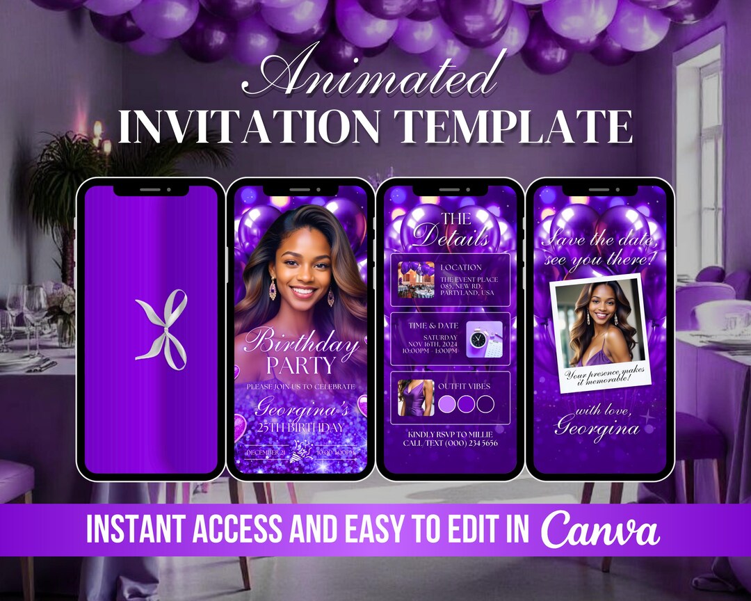 Purple Birthday Party Invitation, Purple Animated Invitation, Editable ...