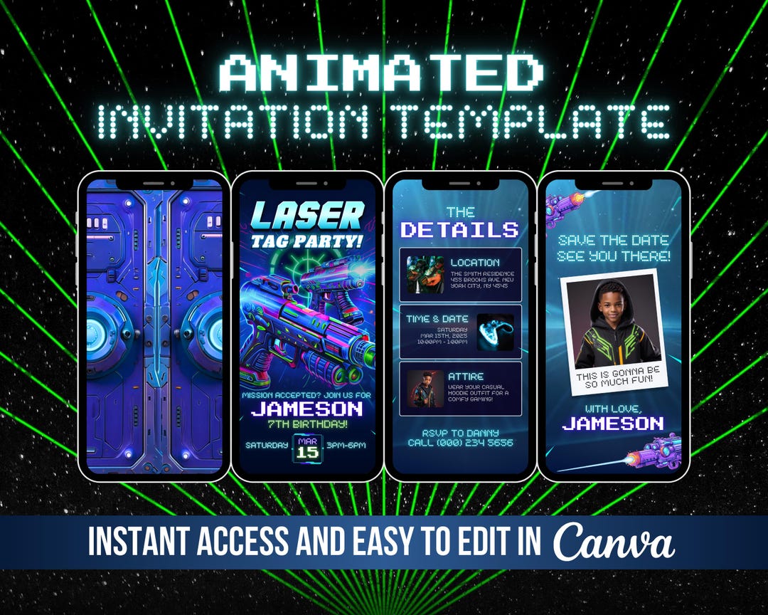 Laser Tag Birthday Invite, Animated Neon Glow Laser Party, Gamer Arcade ...