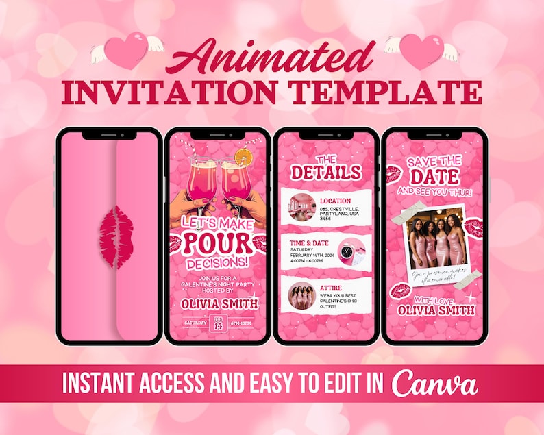 Galentine's Girls Night Party Invite, Valentines Dinner Animated ...