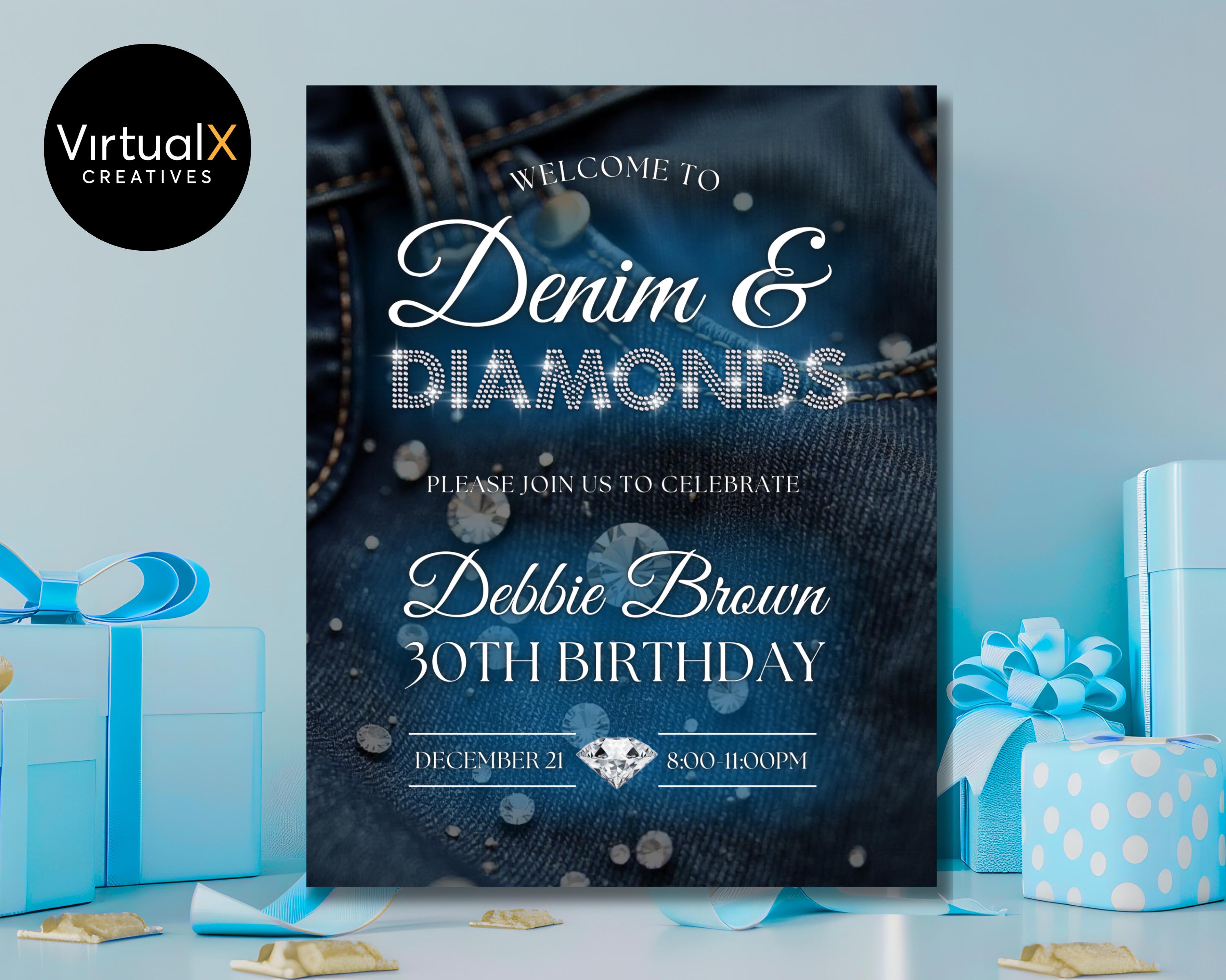 Denim and Diamonds Birthday Party Welcome Sign, DIY Cowgirl Denim ...