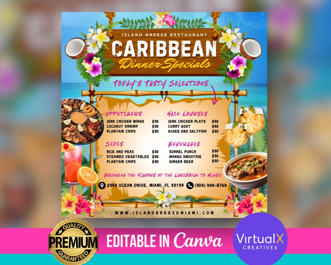 Caribbean Food Menu Flyer, Jamaican Restaurant, Haitian Food Menu Flyer ...